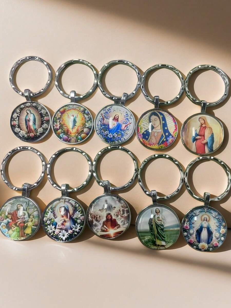 1pc Christian Themed Metal Keychain - Unisex Decorative Round Keyring ...