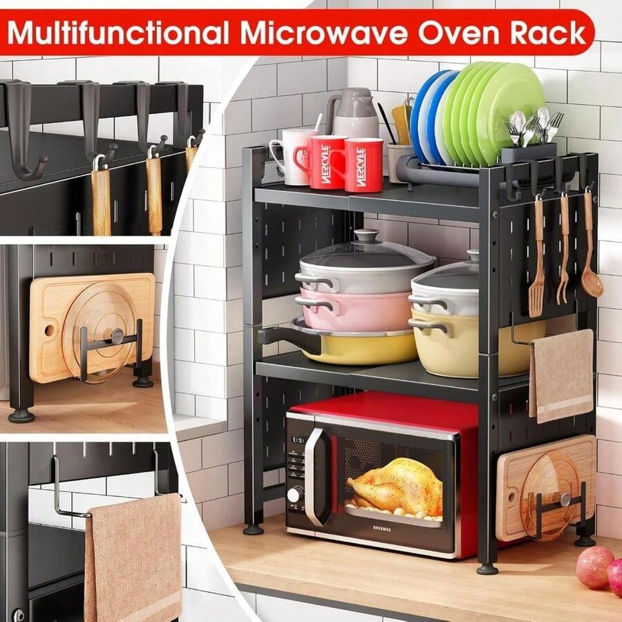 Adjustable Microwave Stand,Microwave Oven Rack Shelf Heavy Duty 3-Tier ...