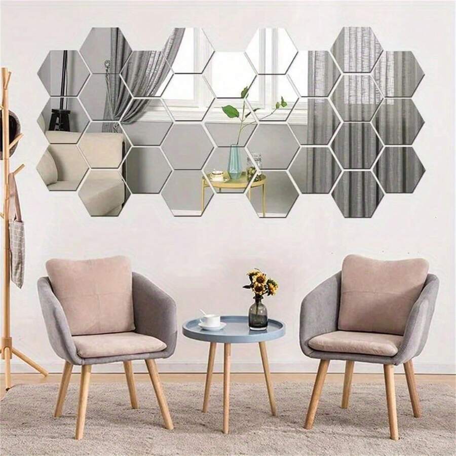 48pcs Hexagon Acrylic Mirror Wall Stickers, Removable Decorative ...
