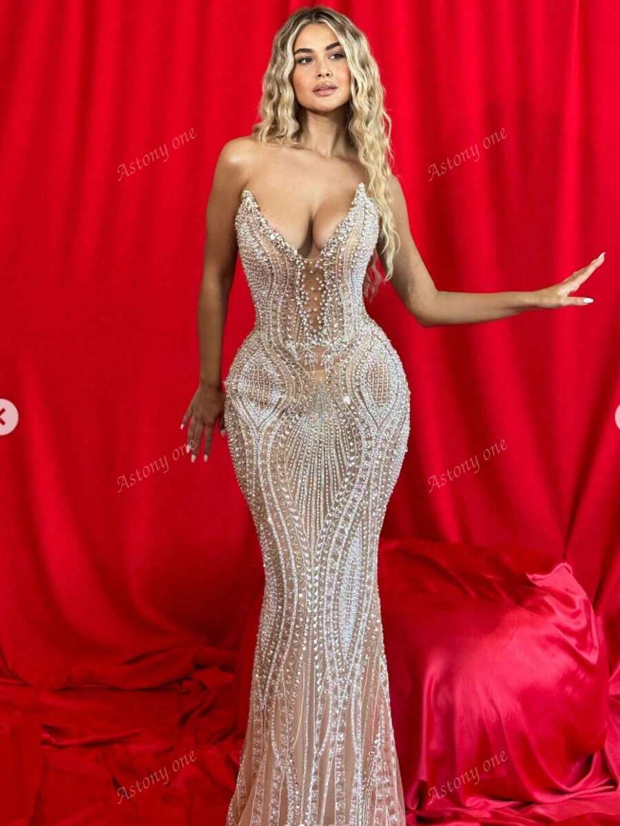 New Arrival Elegant Slim Fit Women's Heavy Lace Strapless Evening Gown, Sexy Evening Party Dress ...