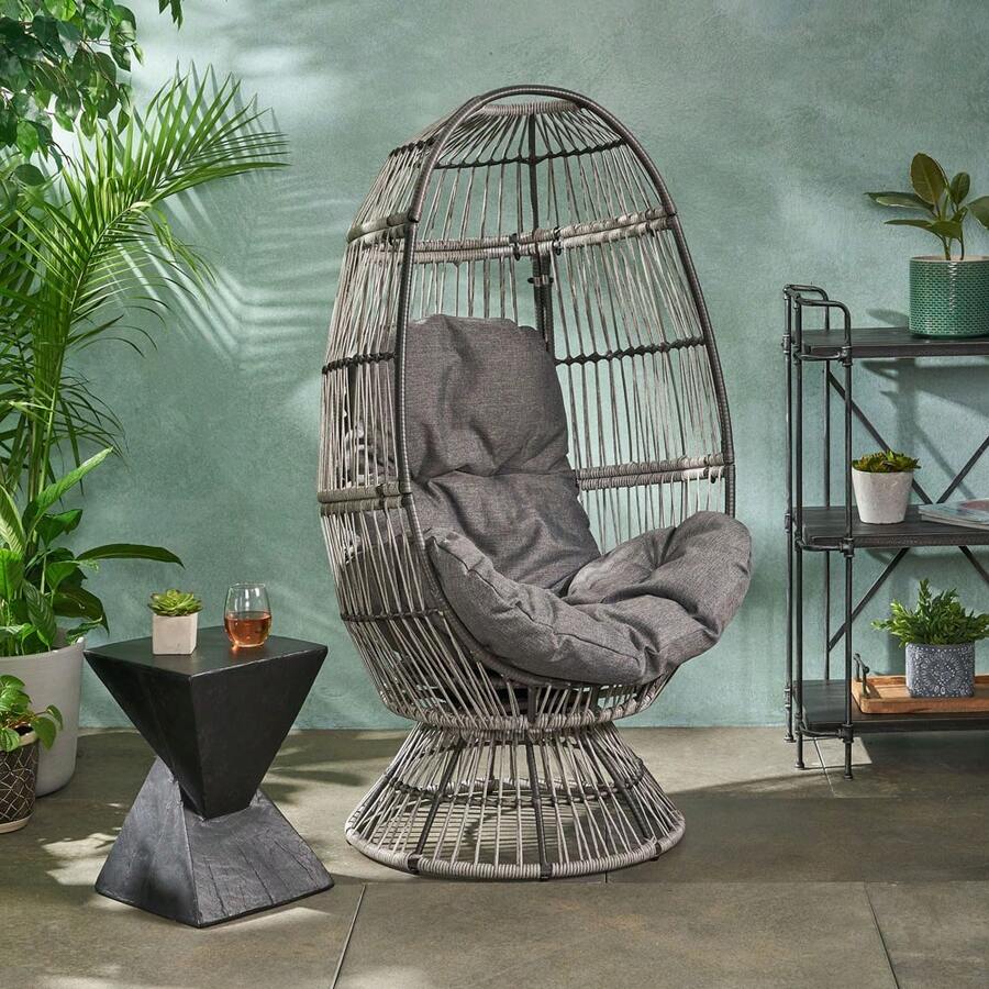 MERAX Merax Outdoor Wicker Swivel Egg Chair With Cushion-Grey | SHEIN USA