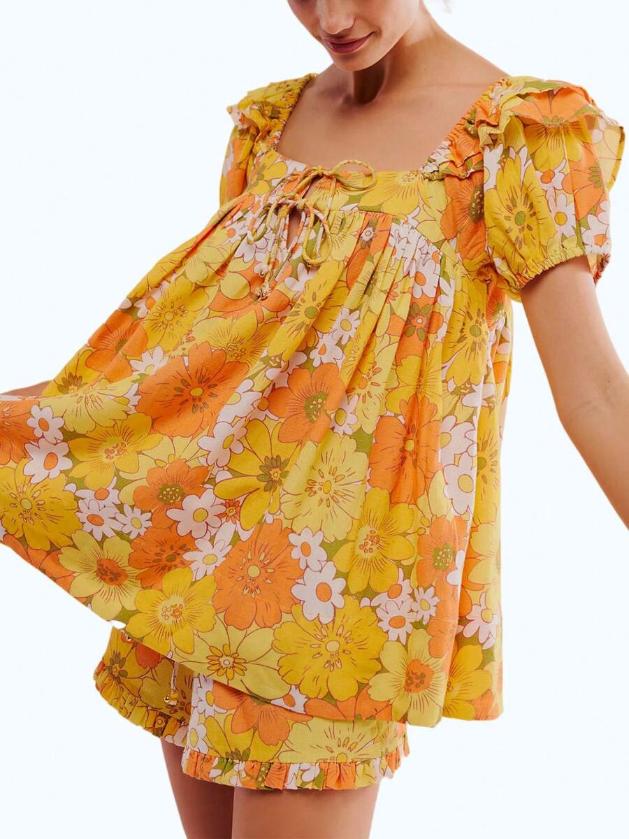 Womens Y2K Floral Pajama Set Cute Ruffle Trim Short Puff Sleeves Tie ...