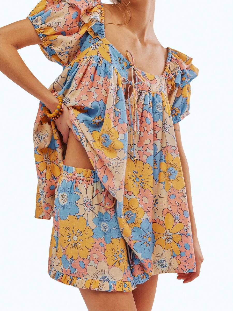 Womens Y2K Floral Pajama Set Cute Ruffle Trim Short Puff Sleeves Tie ...