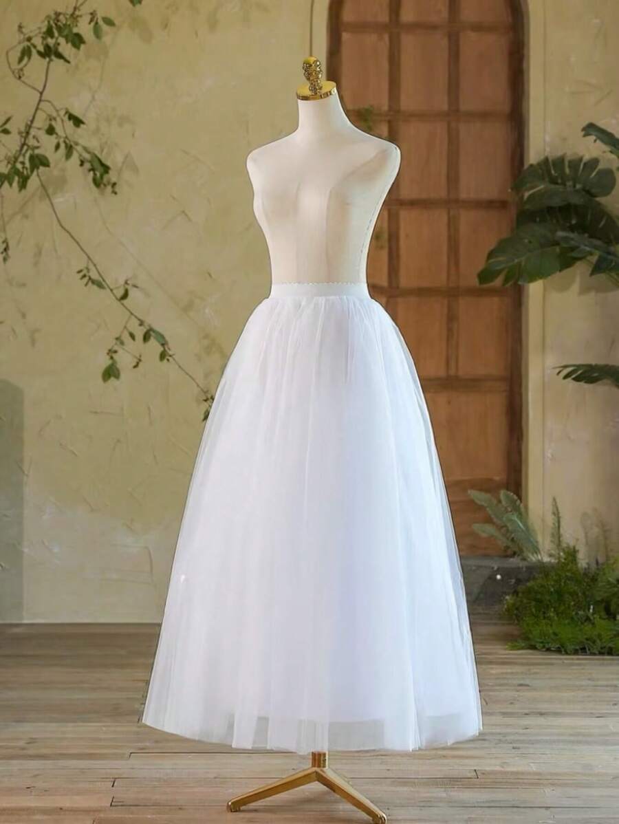 1pc 100cm Long Daily Wear Tulle Crinoline Petticoat, Bone-Free Solid White Color Puffy Half Slip ...
