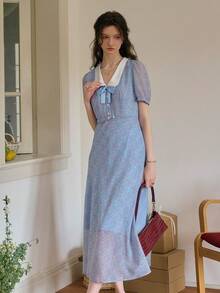 Simple Retro Spring-Summer Floral Bowknot Fitted A-Line Dress With ...