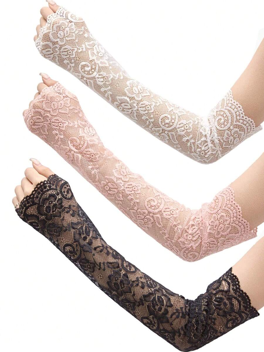 1pair Women's Lace Sleeves, Long Fingerless Sun Protection UV ...