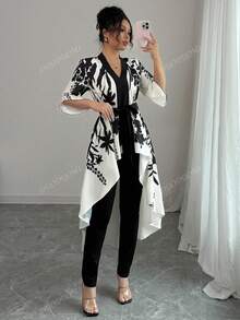 Symmetrical Printed Black And Beige Short Sleeved Waist Cinched Fish ...