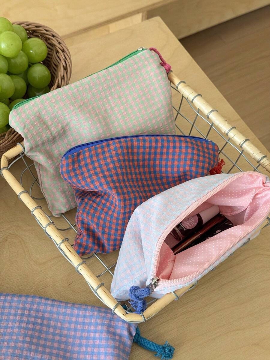 Zipper Makeup Bag Fabric Minimalist Colorblock Plaid Pattern Storage ...