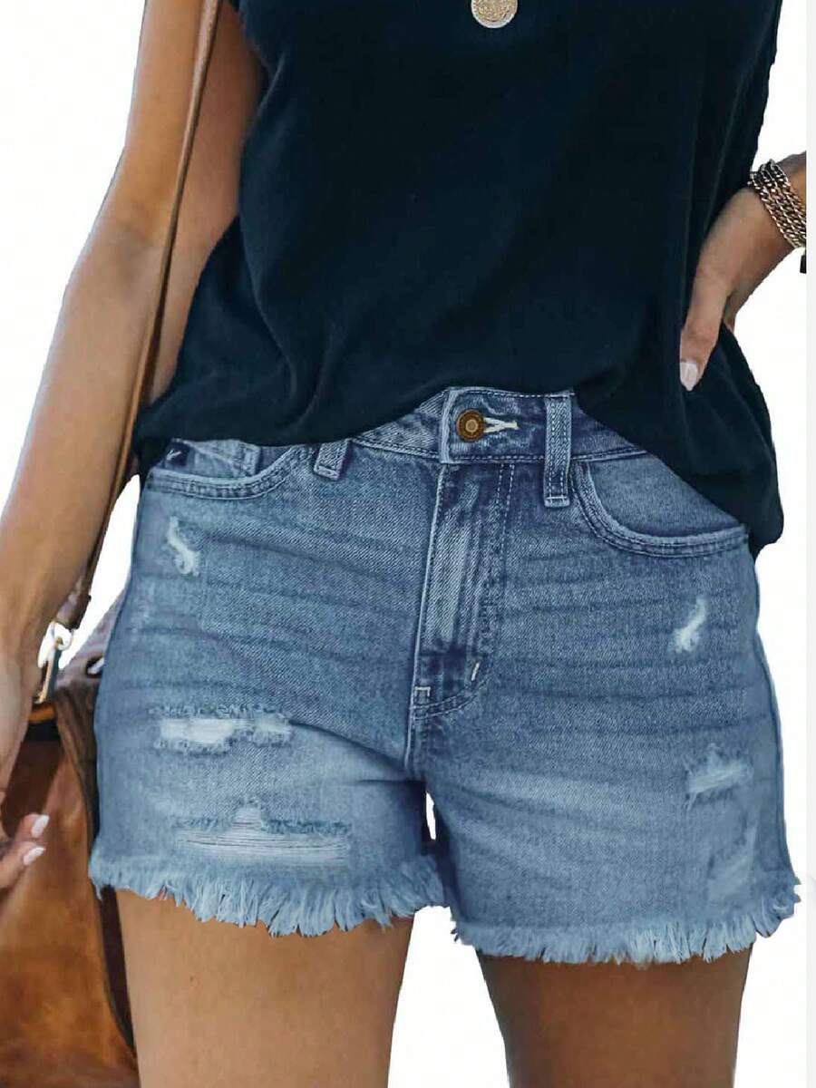 Women's Casual High Waisted Denim Shorts Frayed Raw Hem Stretch Ripped ...