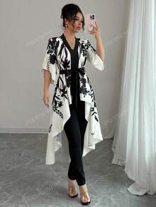 Symmetrical Printed Black And Beige Short Sleeved Waist Cinched Fish ...