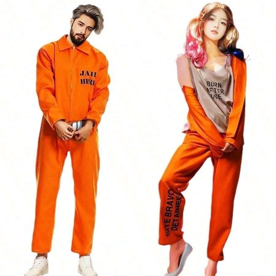 1 Set Men's Orange Prisoner Costume, Jail Uniform Cosplay Outfit, New ...