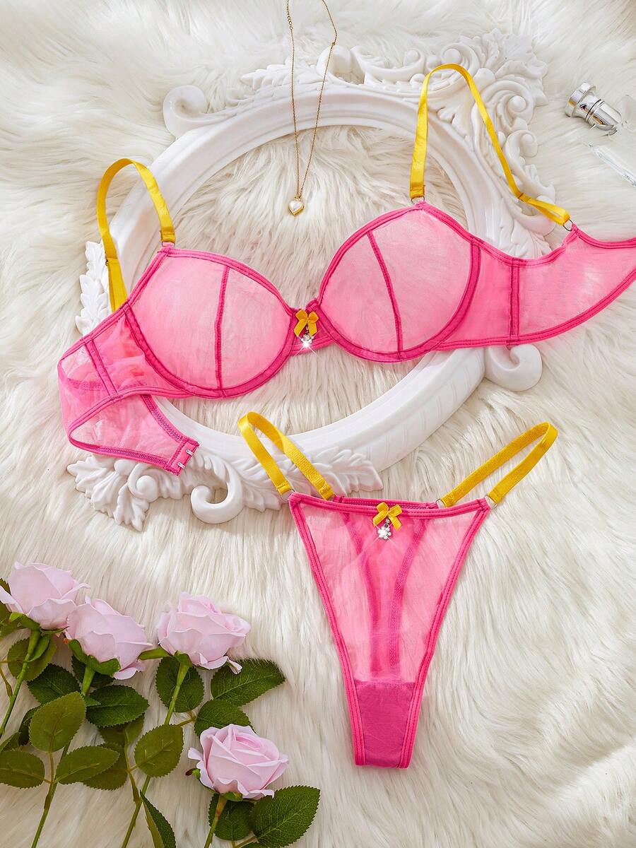 Contrast Color Sexy Lace Bra Set - Sheer Alluring Bra And Thong Panty ...
