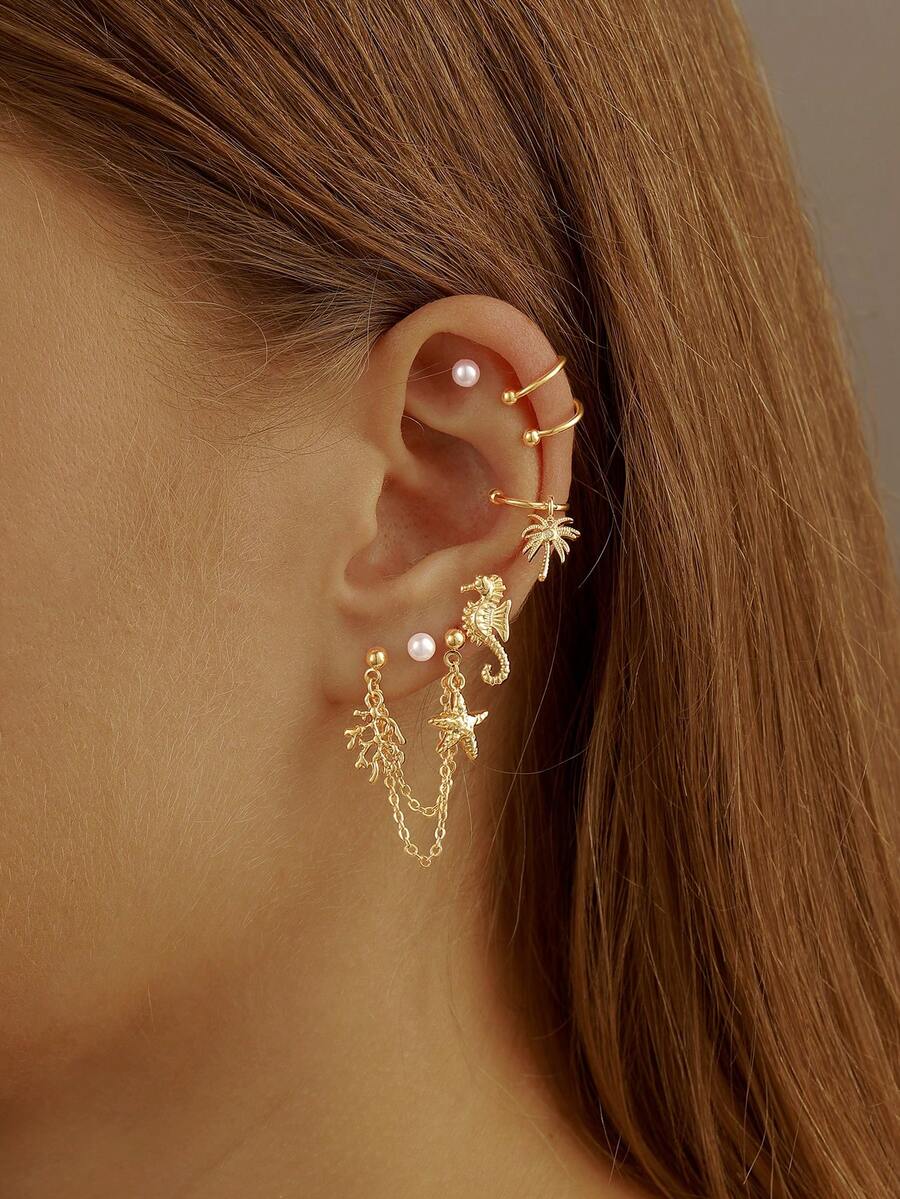 7 Pcs Summer Starfish Coral Earrings Set Beachy Style Sea Life Earring Women Ear Cuffs Set ...