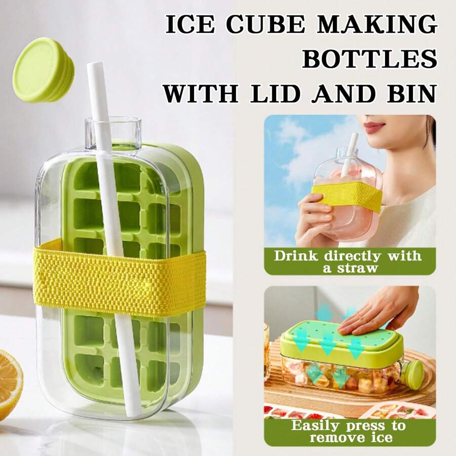 2 In 1 Touch-Free Ice Cube Tray Water Bottle, Ice Cube Bottle, Portable Ice-Compartment Water ...