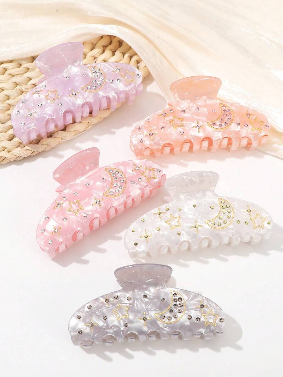1pc Fashion Rhinestone Star & Moon Imitation Acetate Shell Hair Claw ...