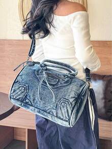 New Vintage Washed Messenger Bag, Casual Y2K Style Shoulder Bag, Double ...