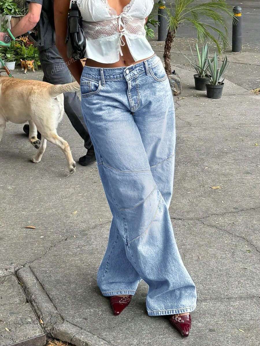 Casual Street Slant Pocket Patchwork Seam Detail Distressed Washed ...