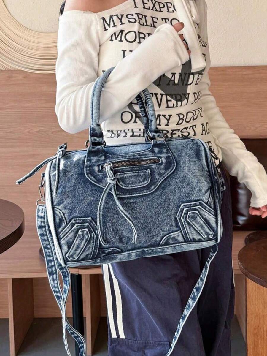 New Vintage Washed Messenger Bag, Casual Y2K Style Shoulder Bag, Double ...