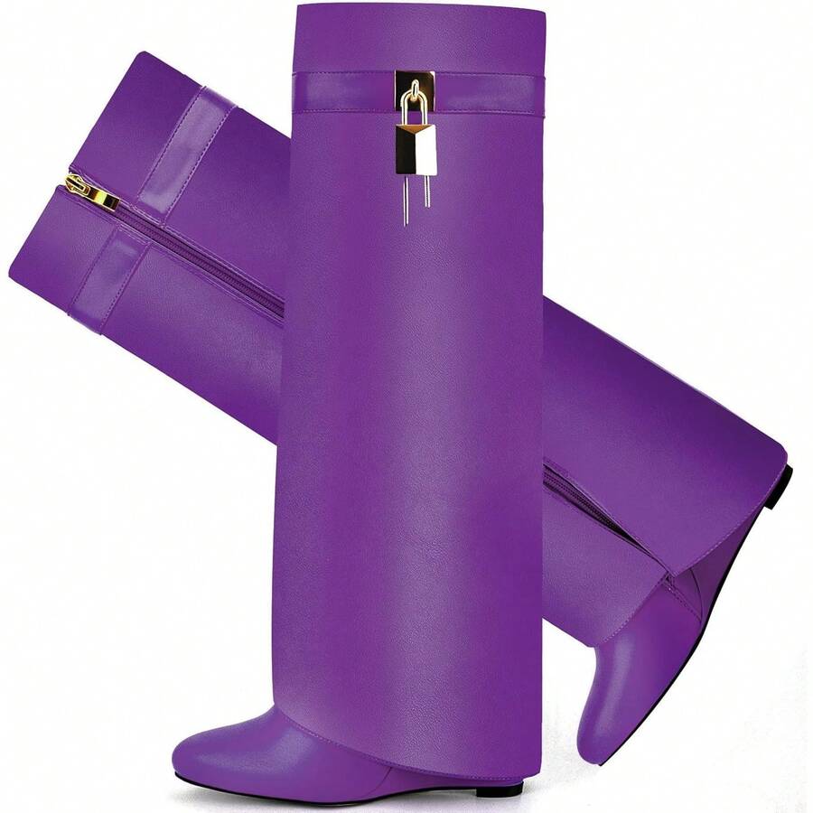 Fold Over Boots For Women Pointy Pull-On Wedge Heel Knee Shark Boot ...