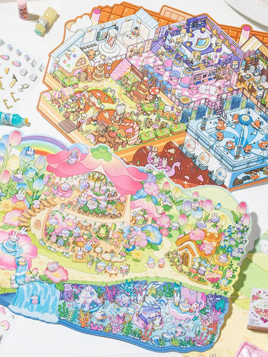 2 Sets 3D Miniature Scenery Stickers, Cute Animal Scene Stickers For ...