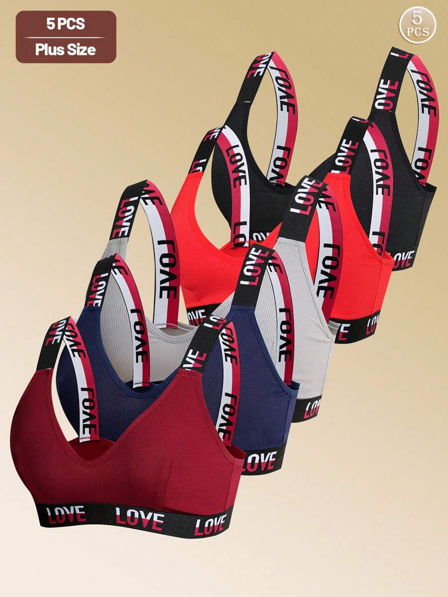 5pcs Casual - Comfy Simple Letter Knit Wireless Bras For Plus Size ...