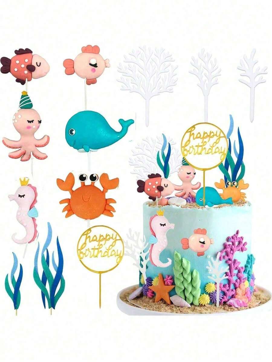 12 Pcs Or 1pc Ocean Cake Topper, Small Fish Crab Seahorse Octopus Whale ...