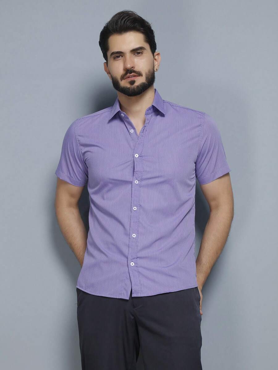 Men's Short Sleeve Striped Dress Shirt, Cotton Polyester Fabric, Non ...