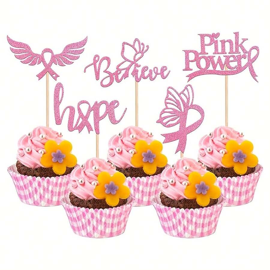 20pcs Breast Cancer Awareness Cupcake Toppers Glitter Believe Hope Pink ...