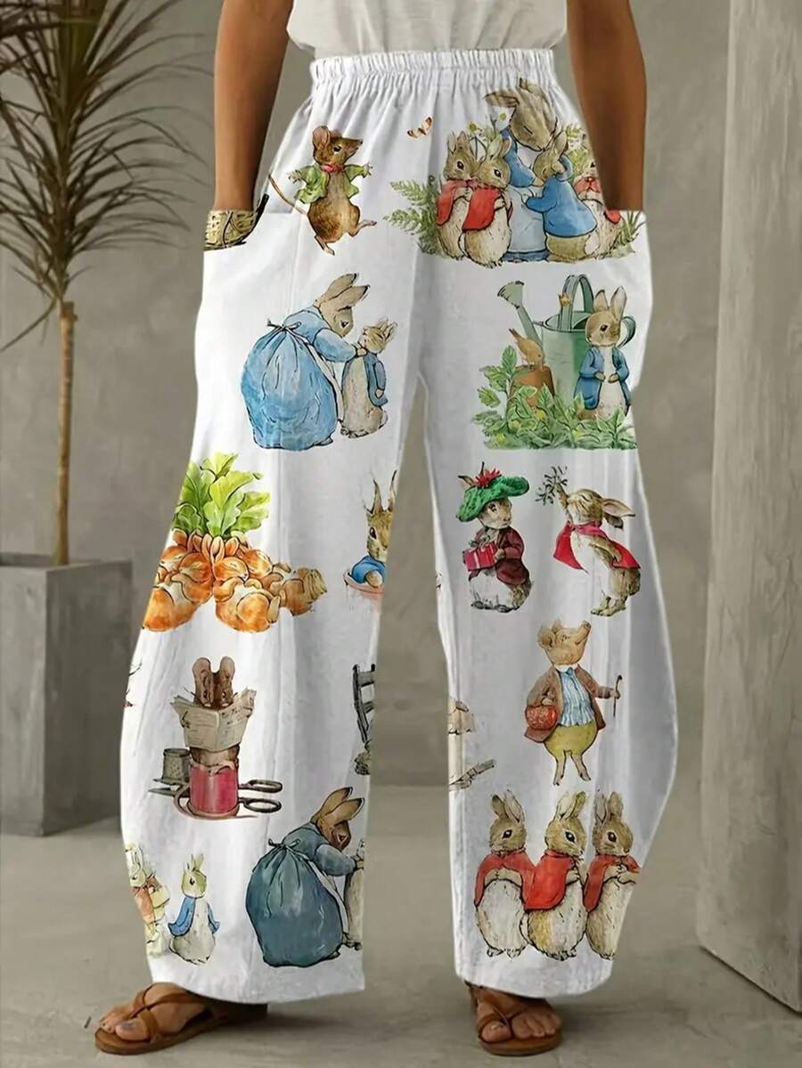 Women's Vintage Rabbit Print Wide Leg Pants - Casual, Stretch Polyester ...