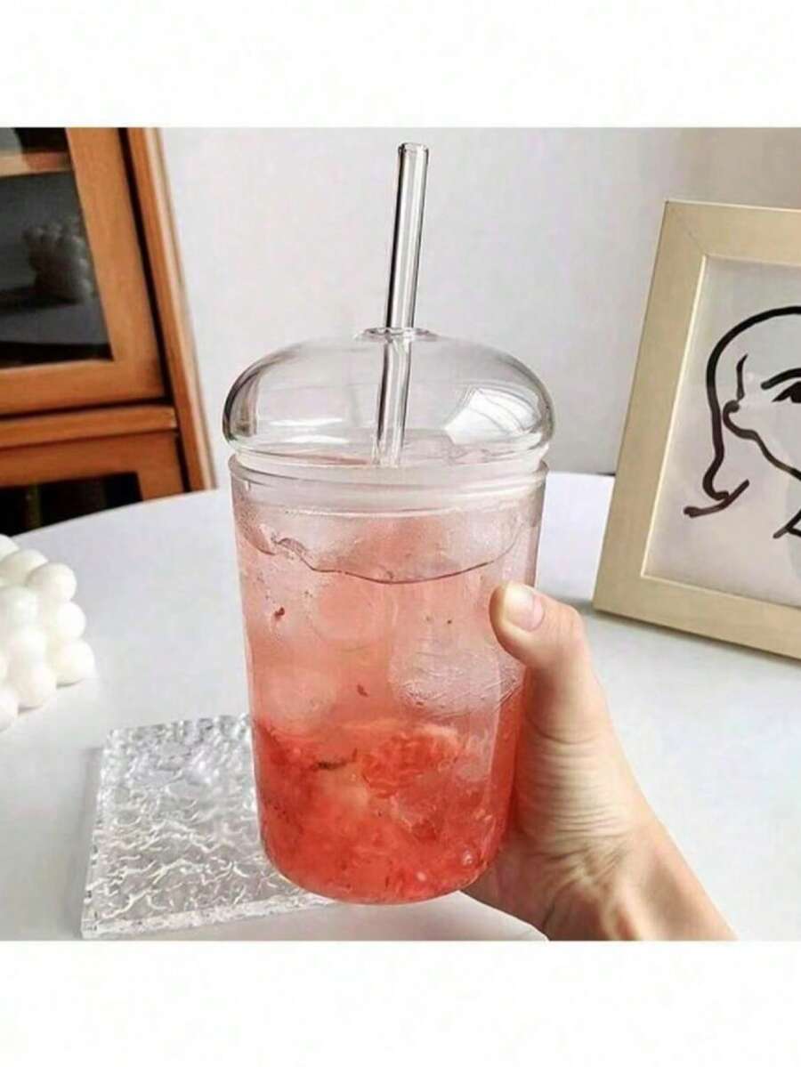 1PC 450ml Glass Cup With Lid And Straw Transparent Tea Coffee Cup Juice ...