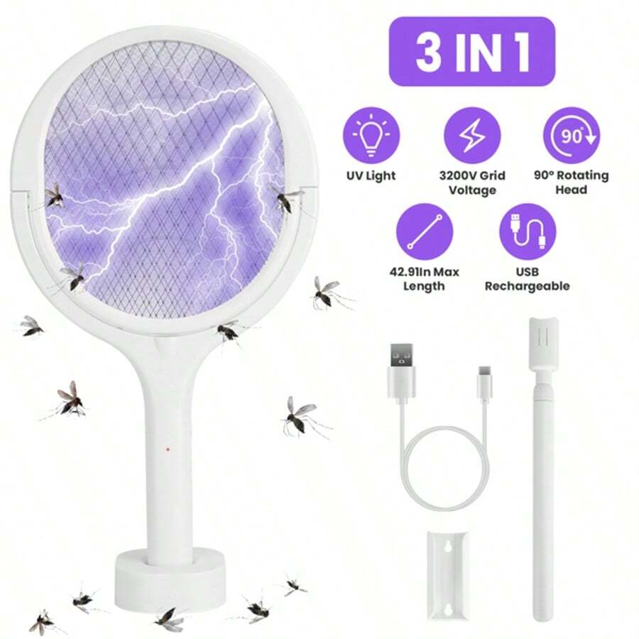 3 In 1 Electric Bug Zapper Racket 90ºRotating Bug Zapper Wand Indoor ...
