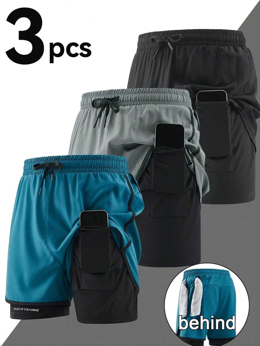 3 Pack Men Sports Shorts, Quick Dry Lining Workout Running Fitness ...