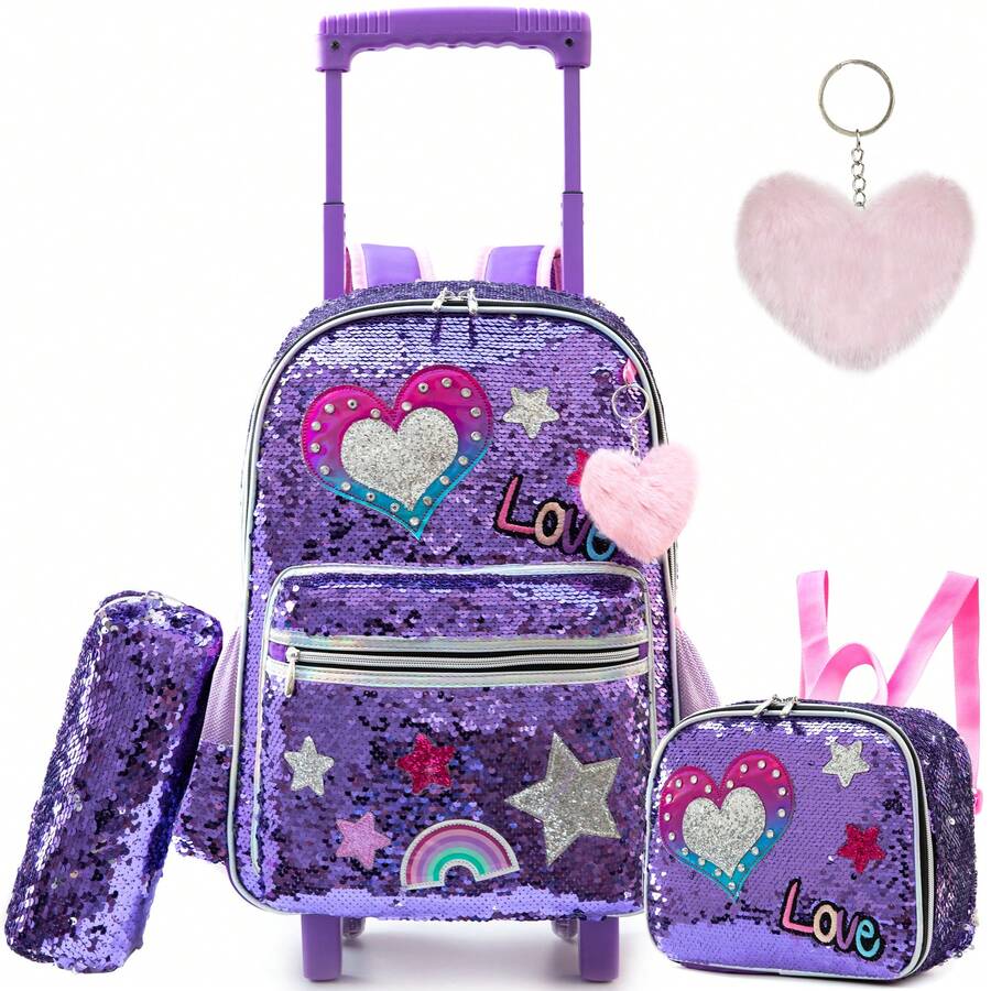 3PCS Girls Rolling Backpack Sequin Rolling Backpacks With Wheels For ...