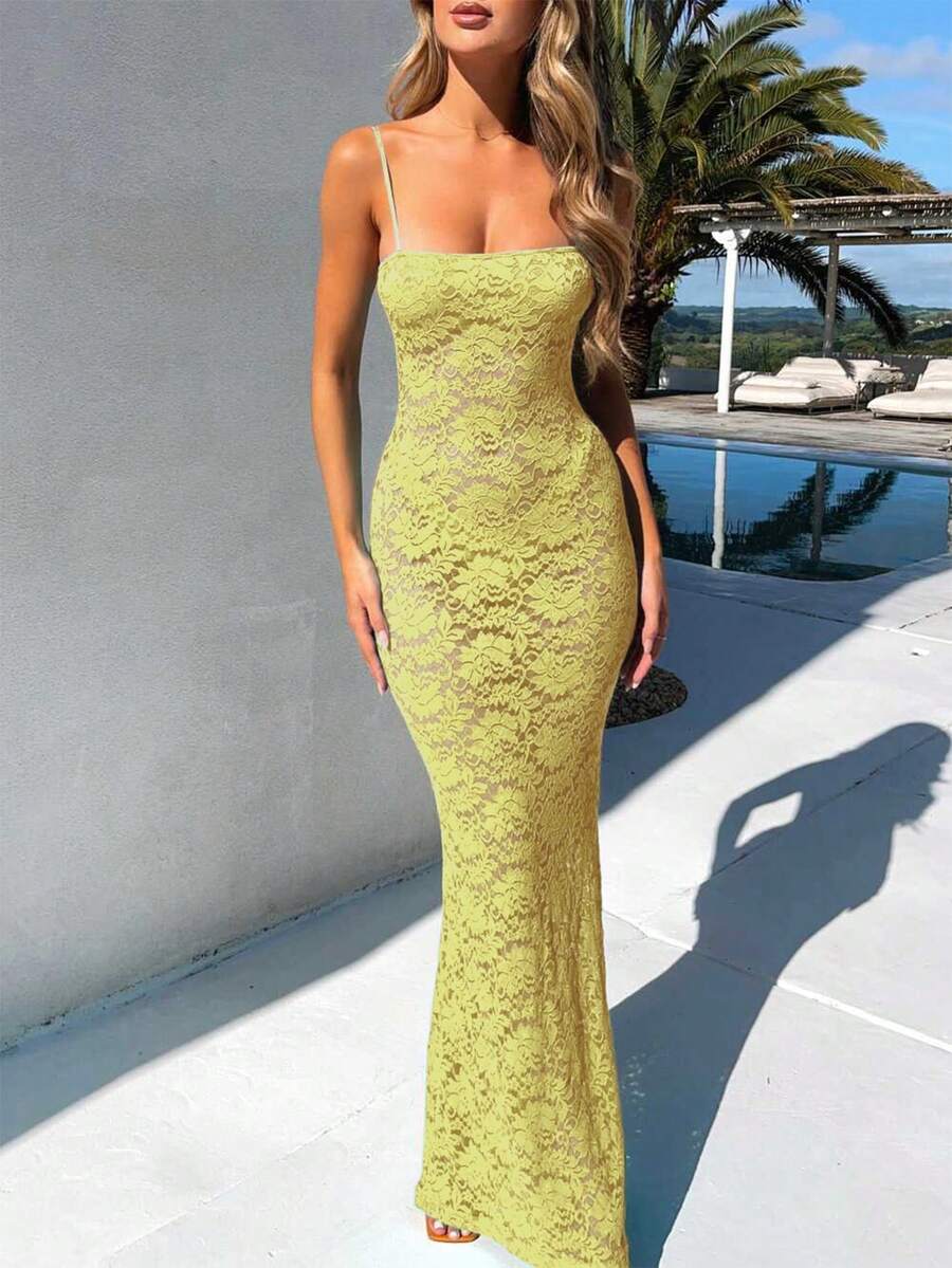 Women's Long Dress Holiday Sexy Elegant Lace See-Through Party Slip ...