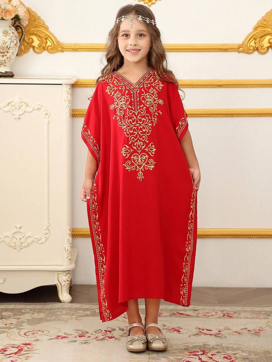 Tween Girl Red Embroidered Long Robe Dress, V-Neck Design, Princess ...