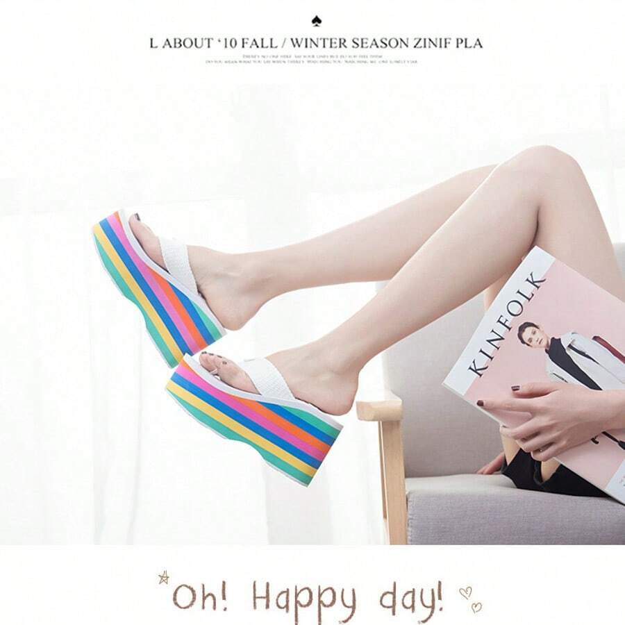 Summer Rainbow Thick Bottom Ultra High Heel Flip Flops Casual Beach ...