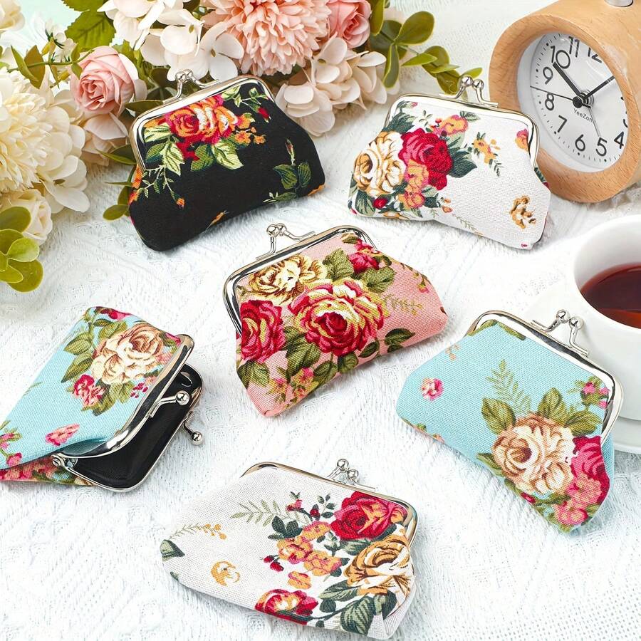 1/2Pcs Mini Vintage Rose Floral Print Coin Purses With Kiss Lock ...
