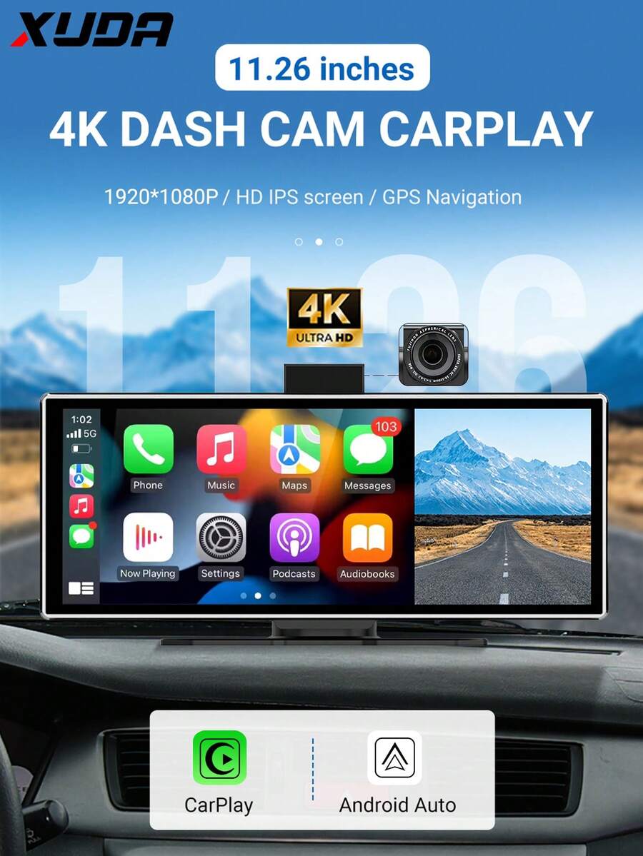 XUDA XUDA NEW 11.26インチ 4K DVR ワイヤレスCarplay&Android Auto ポータブルダッシュカム IPS ...