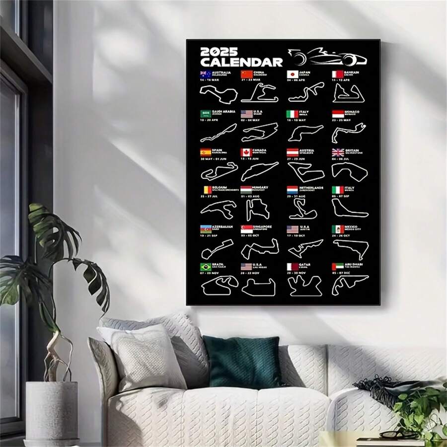 2025 F1 Track Calendar Chart - Frameless Canvas Wall Art Print, F1 ...