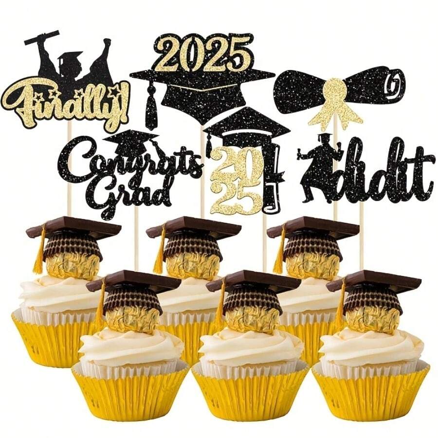 12Pcs Black Gold Glitter 2025 Graduation Theme Cupcake Toppers Glitter ...