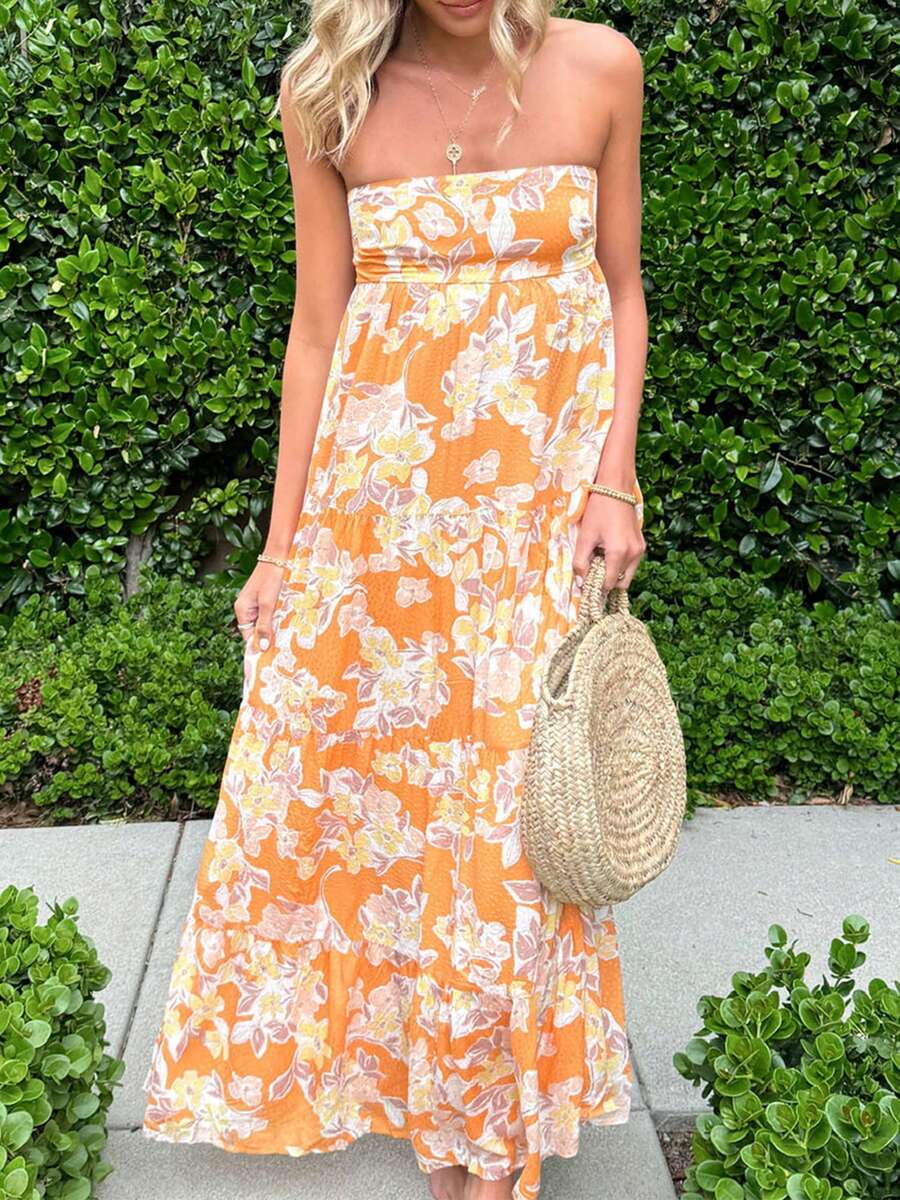 Women Floral Print Maxi Tube Dress Strapless Flowy Long Bandeau Dress ...