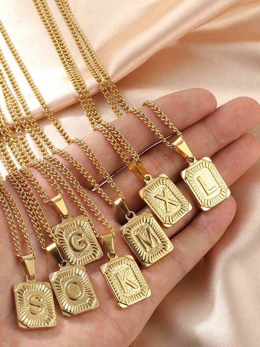 18K Gold Plated Stainless Steel Square Initial Letter Necklaces With ...