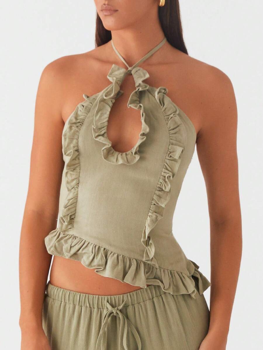 Women Ruffle Frill Halter Tops Sexy Cutout Backless Cami Tanks ...