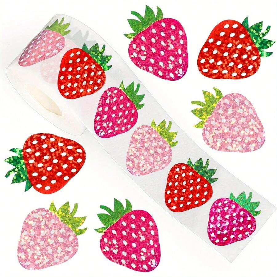 500Pcs Sparking Strawberry Stickers Roll Laser Pink Red Berry Fruit ...