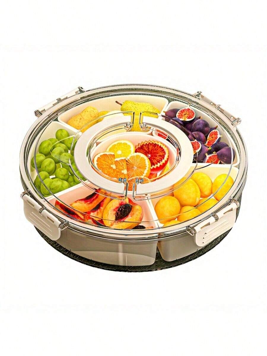 1pc 360° Rotating Snack Tray With Lid And Handle - 6 Compartment Round ...