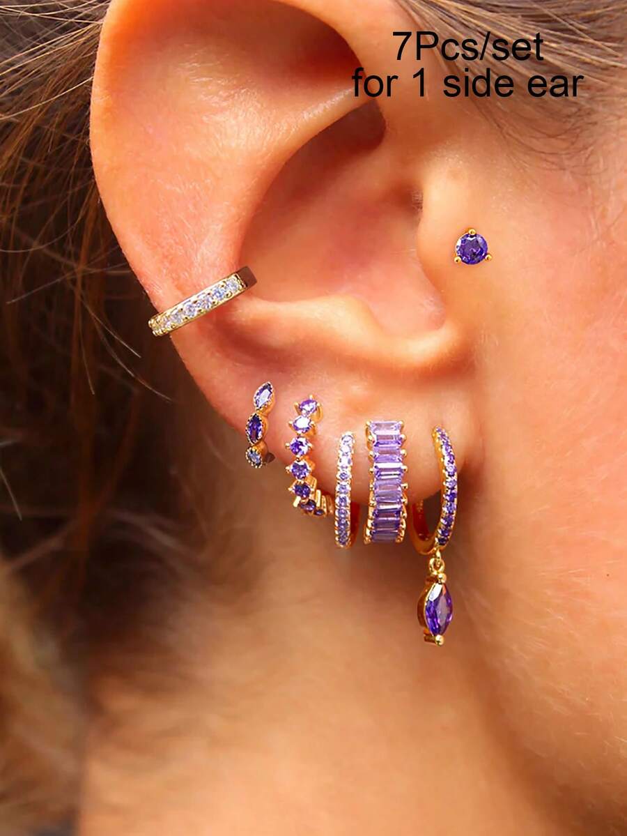 7Pcs/Set (For 1 Side Ear) Earring Set For Women Gold Plated Purple ...