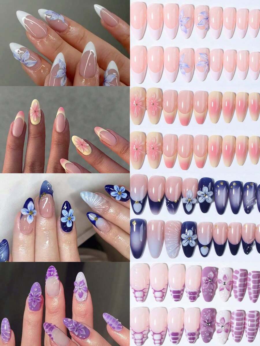 96 Stück (4 gemischte) 3D dreidimensionale Gel-Nägel mit Blumen ...