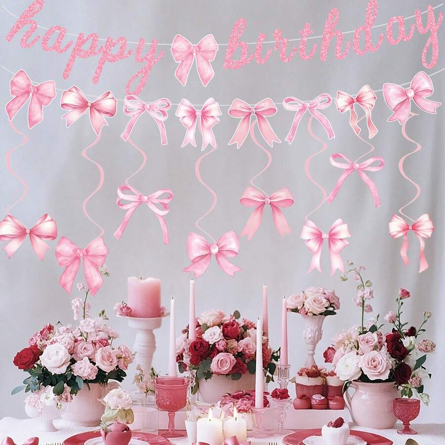 Pink Bow Banner Garland Hanging Swirls Happy Birthday Banner For Pink ...