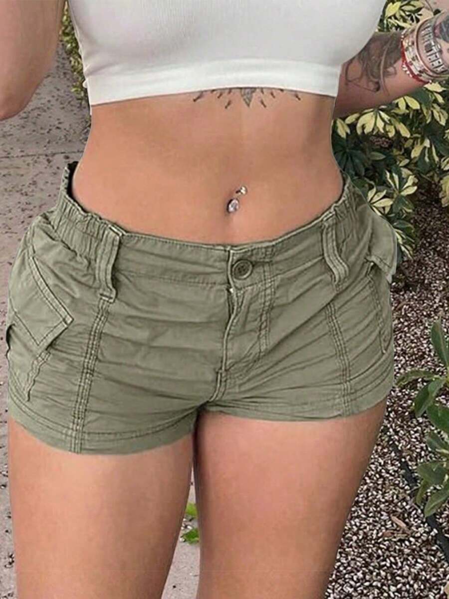 Women Y2k Cargo Shorts Vintage Solid Color Casual Low Rise Elastic Mini Shorts With Pockets ...