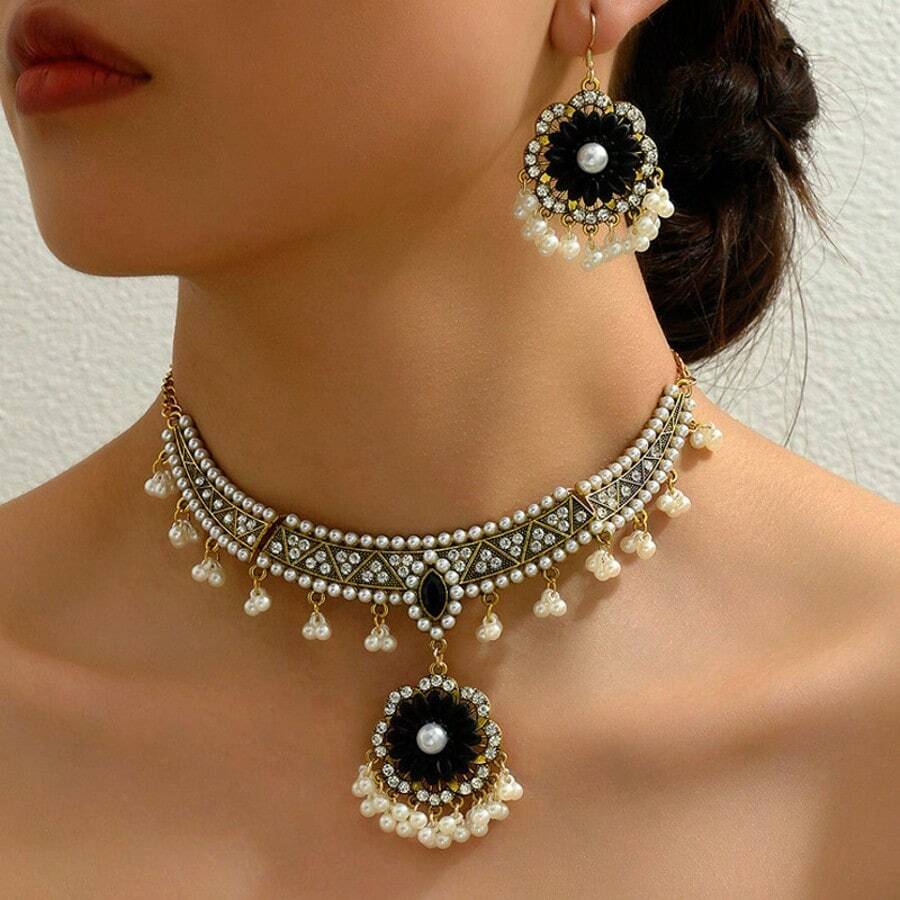 Conjunto de accesorios de collar con flores de perlas bohemias | Mode ...